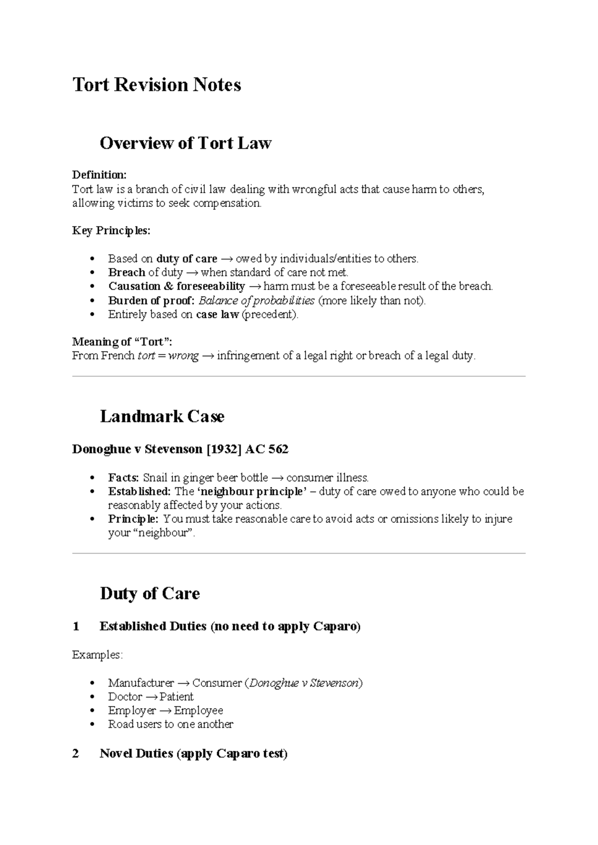 TORT 101: Comprehensive Revision Notes on Tort Law Principles - Studocu