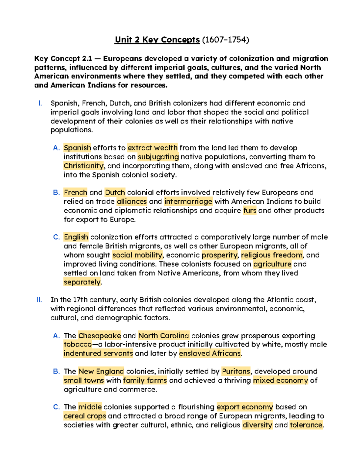 Colonial America: Key Concepts (1607-1754) - APUSH Unit 2 Notes - Studocu