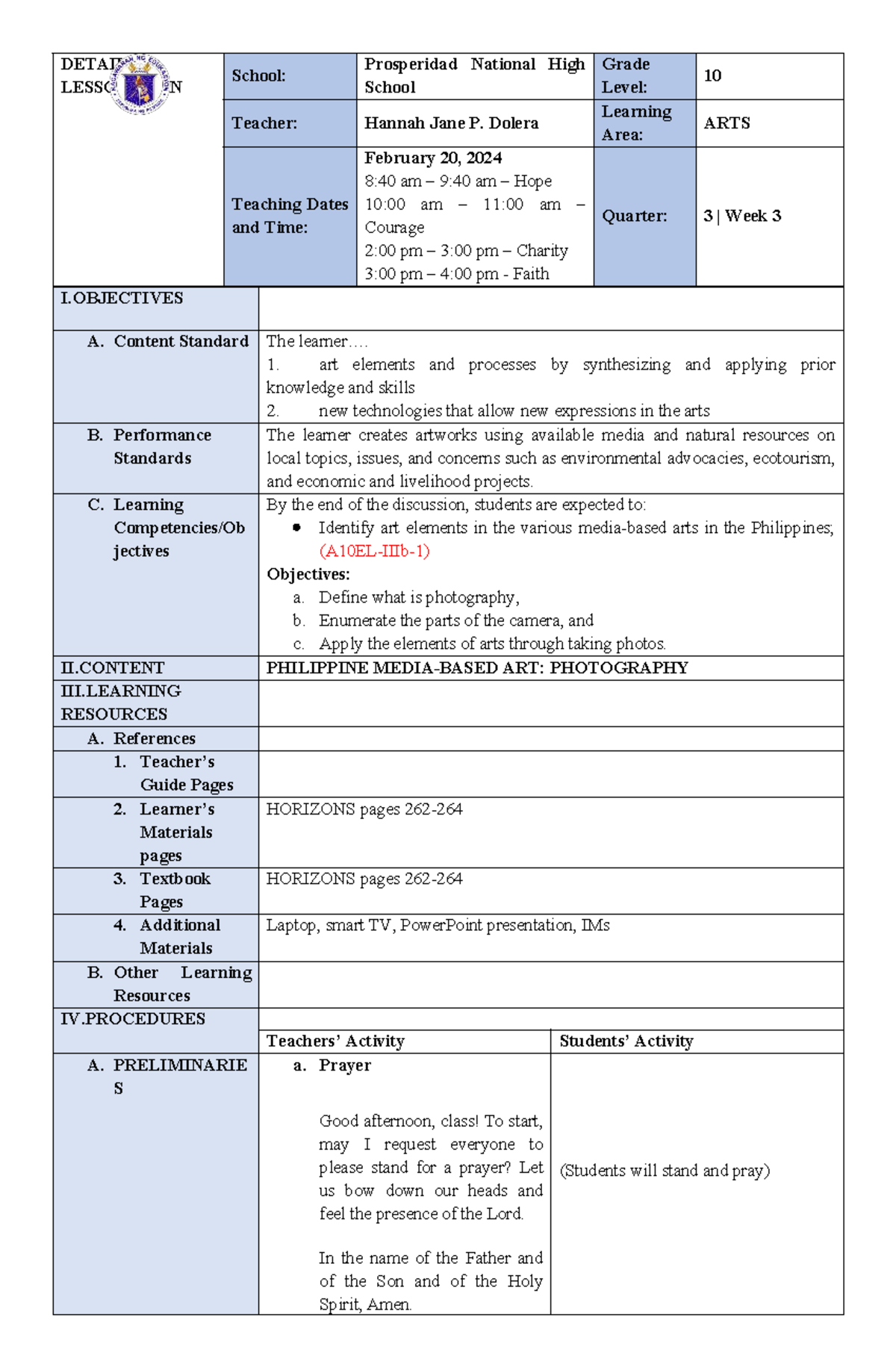 ARTS-Q3-L1-LP Photography Lesson Plan - DETAILED LESSON PLAN School ...