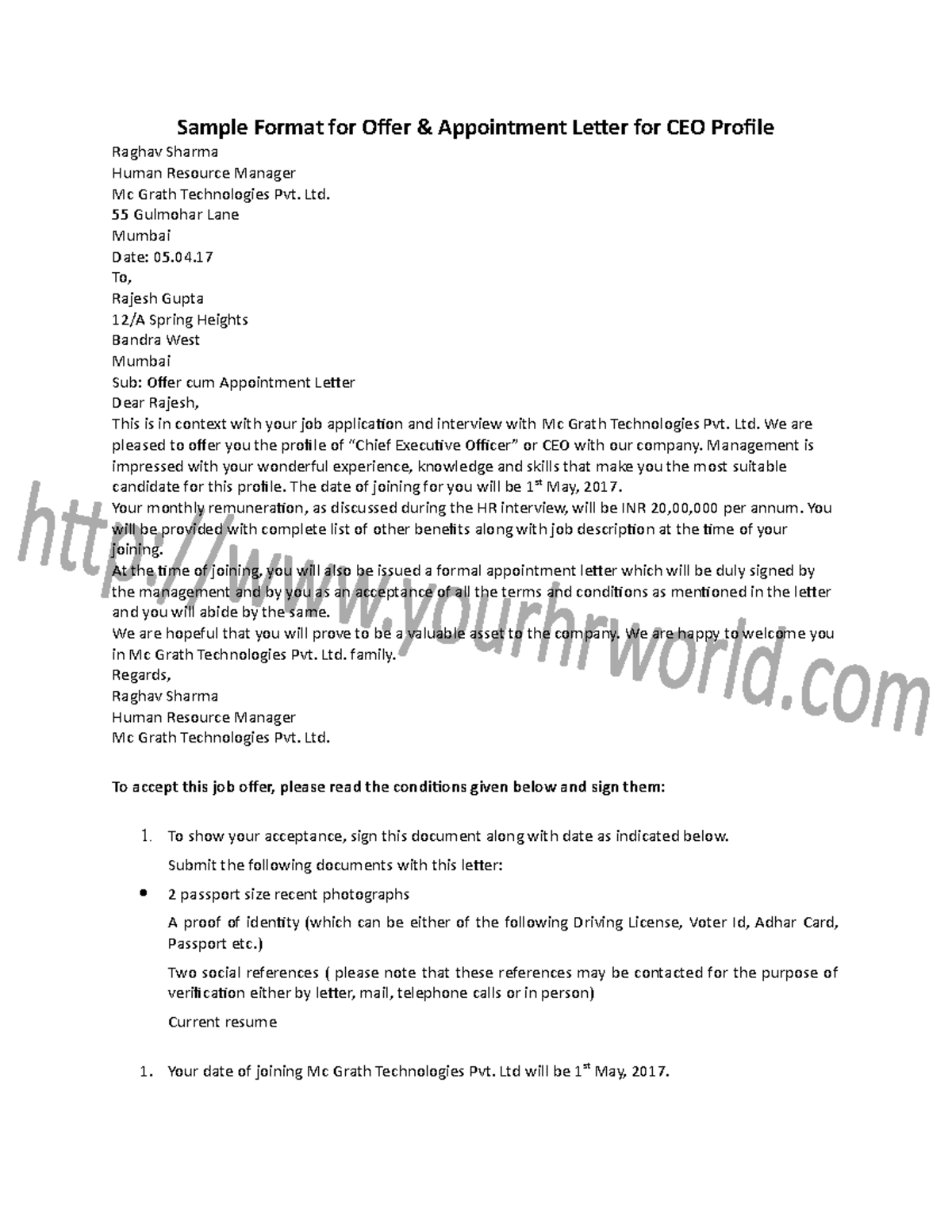 Offer Appointment Letter Format for CEO - Sample Format for Offer ...