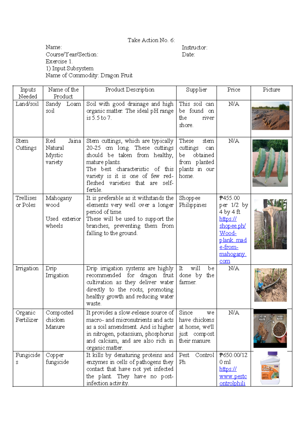 AGRICULTURAL INPUTS - Take Action No. 6: Name: Course/Year/Section ...