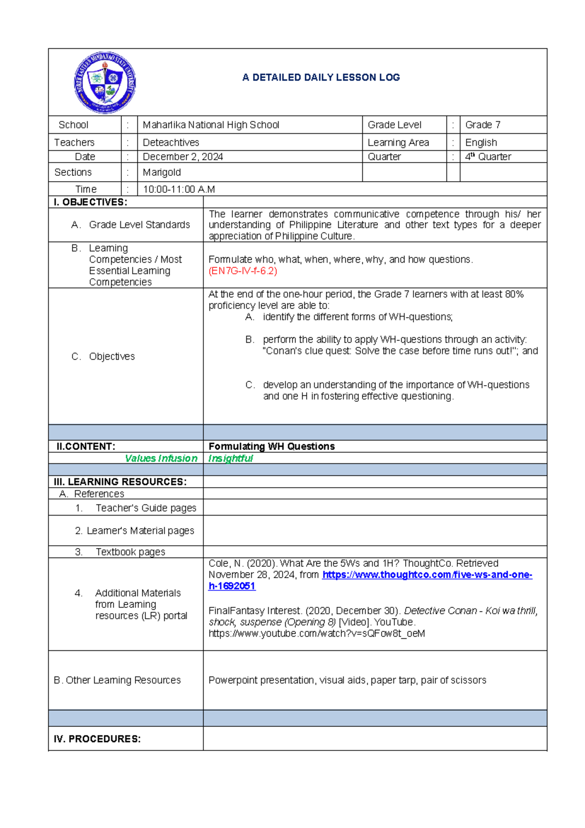 LP 5Ws and 1H: Formulating Questions for Grade 7 English Lesson Plan ...