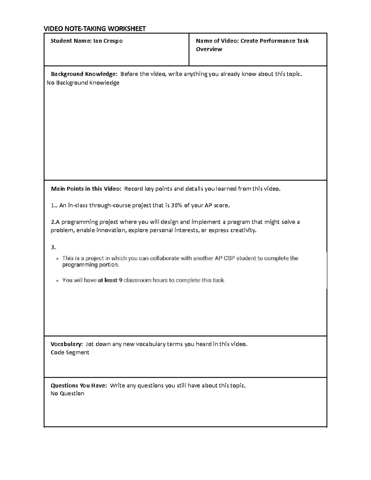 AP Create Performance Task Video Note Taking Worksheet - Studocu
