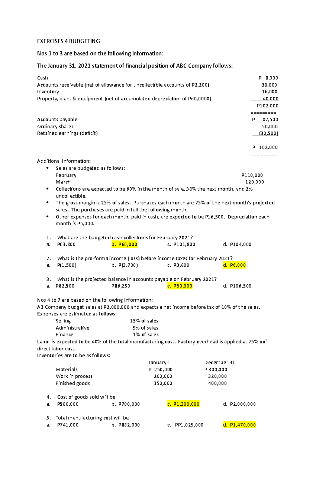 Exercises 4: Financial Planning & Budgeting Analysis - Studocu