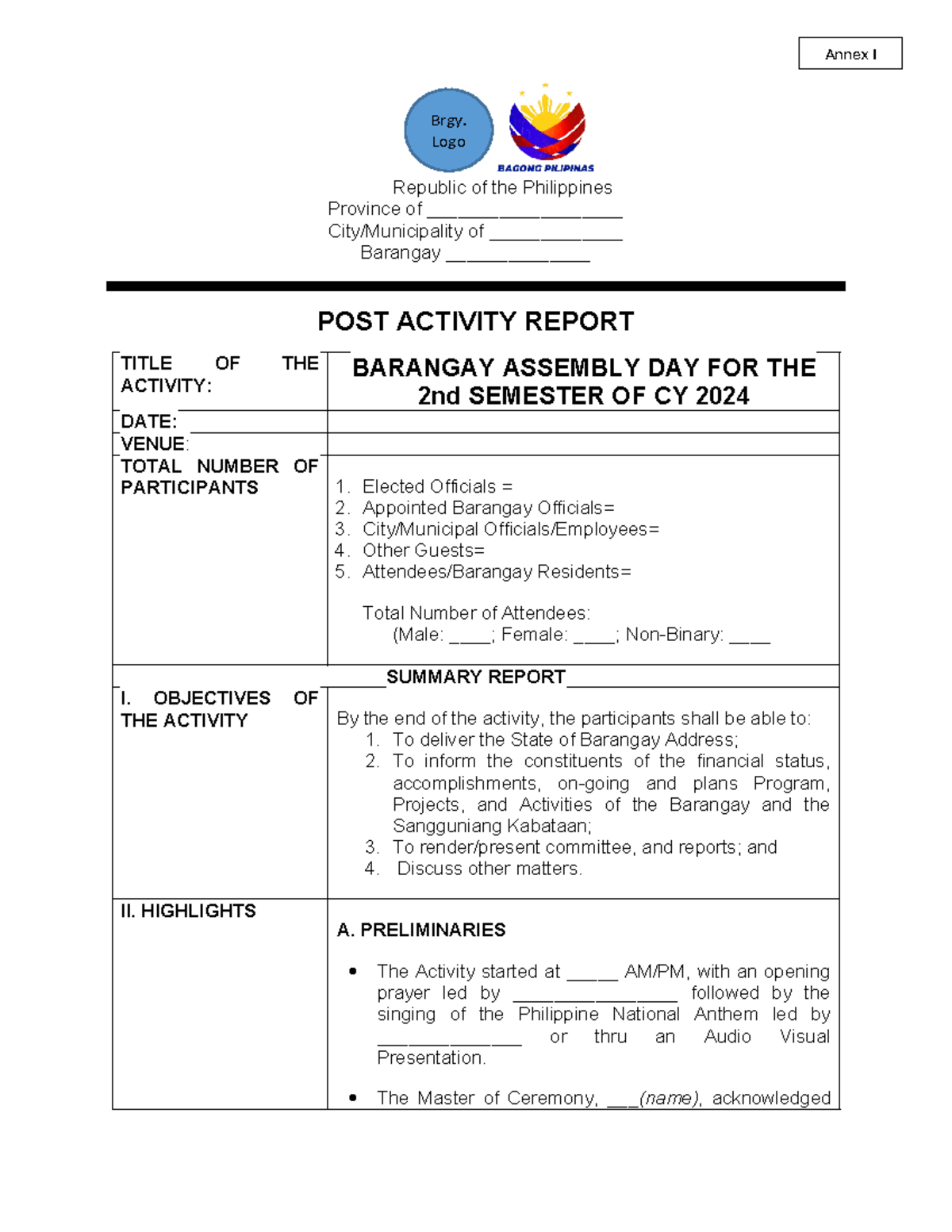 Post Activity Report Template for Barangay Assembly Day 2nd Sem CY 2024 ...