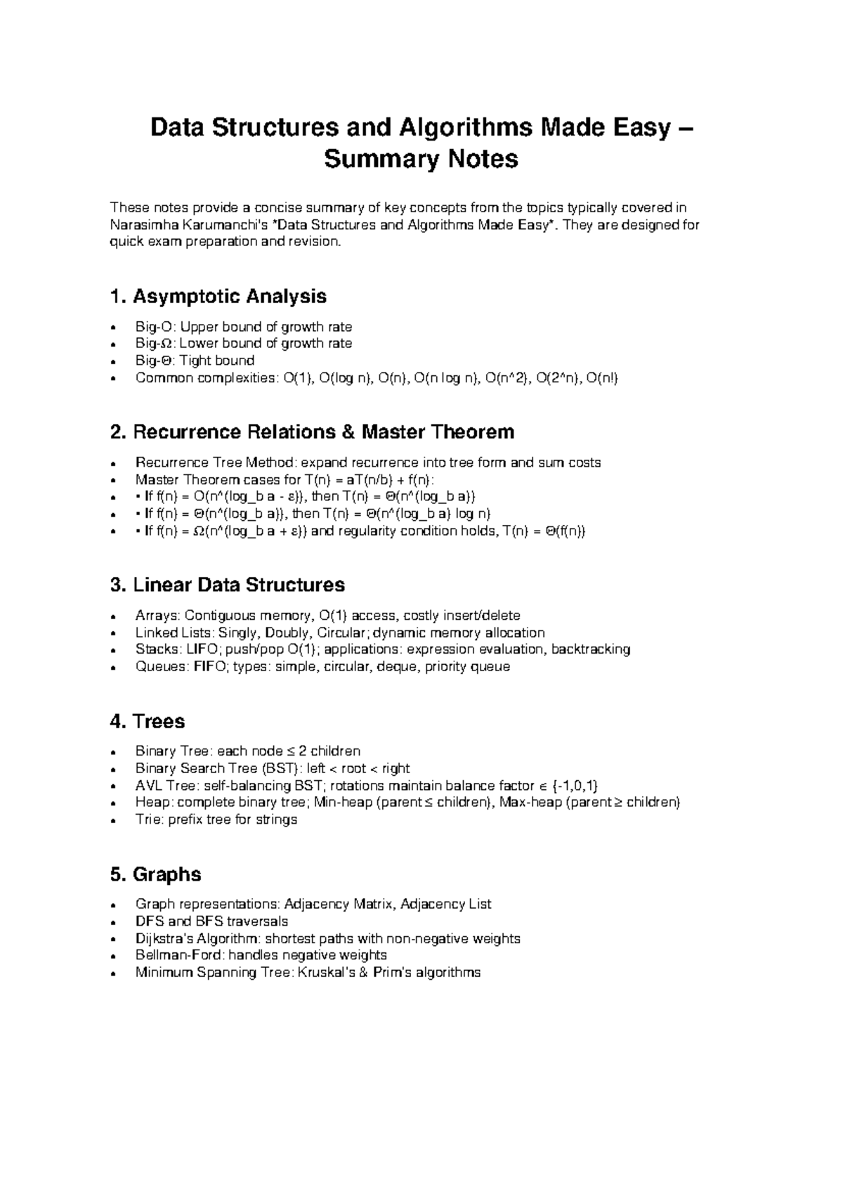 Data Structures and Algorithms (CS101) Summary Notes for Exam Prep ...