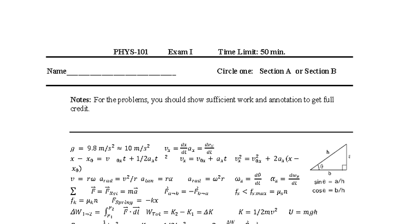 Practice Exam 1 Solutions for Physics 101: Time Limit 50 min - Studocu