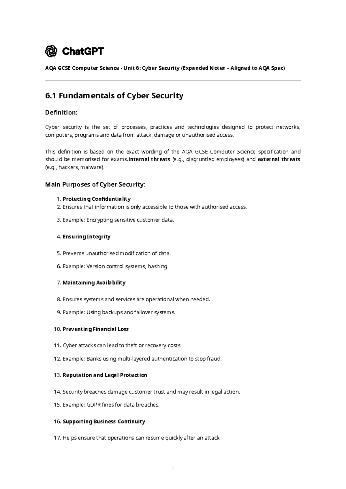 AQA GCSE Computer Science Unit 6: Cyber Security Revision Notes - Studocu