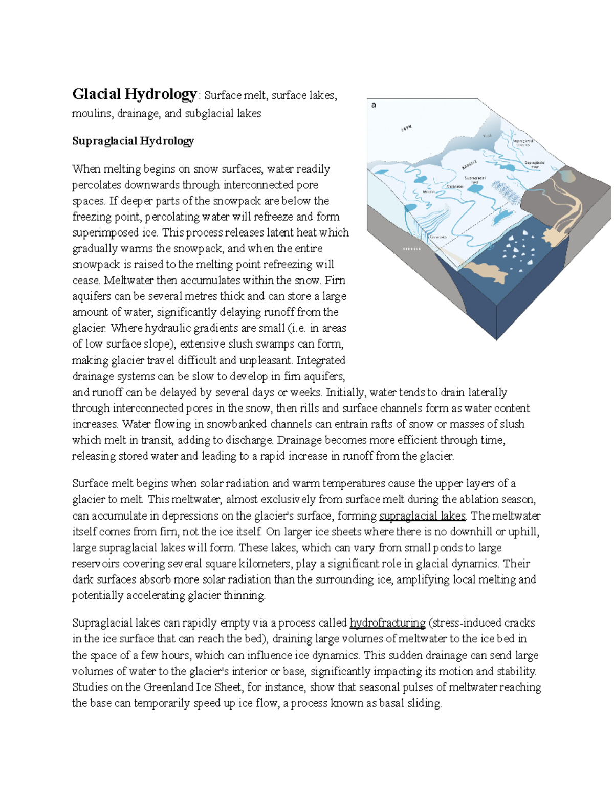 Glacial Hydrology: Surface Melt, Lakes, Moulins, and Subglacial ...