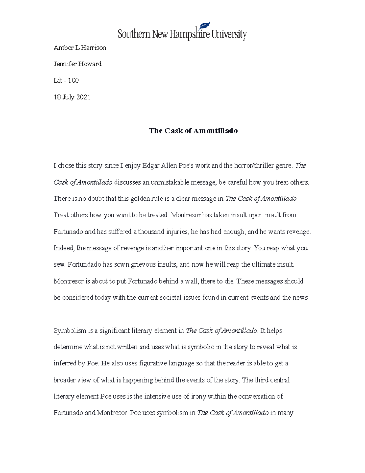 LIT 100 Milestone One 3-2 - Amber L Harrison Jennifer Howard Lit - 100 ...