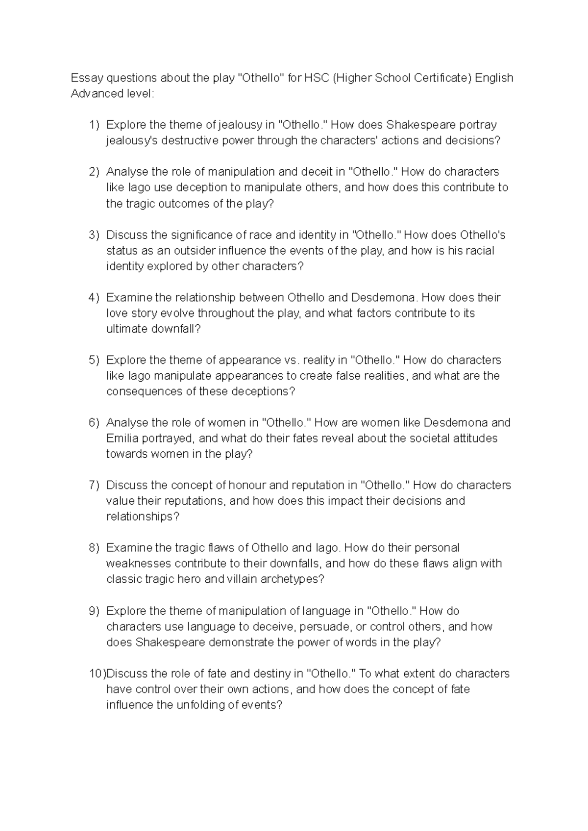 HSC English Advanced: Othello Practice Essay Questions & Analysis - Studocu