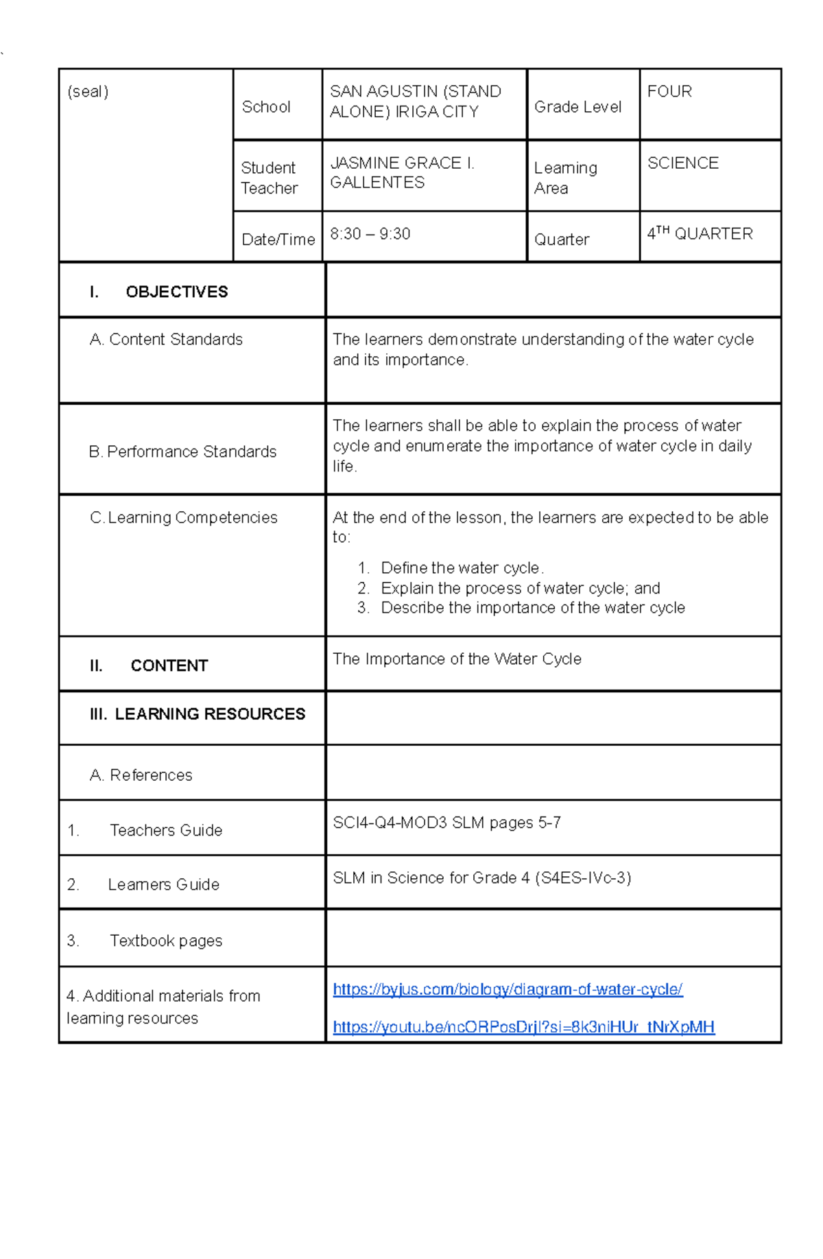 Water Cycle Lesson Plan for Grade 4 Science (Quarter 4) - Studocu