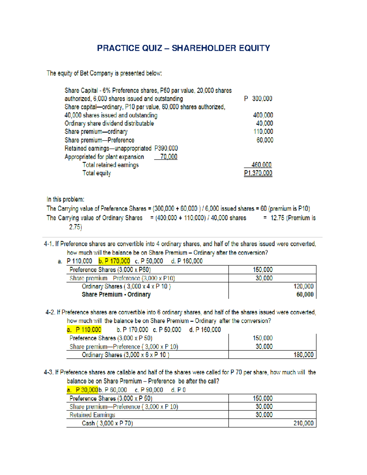 Quiz on Shareholder's Equity Concepts and Principles - Studocu