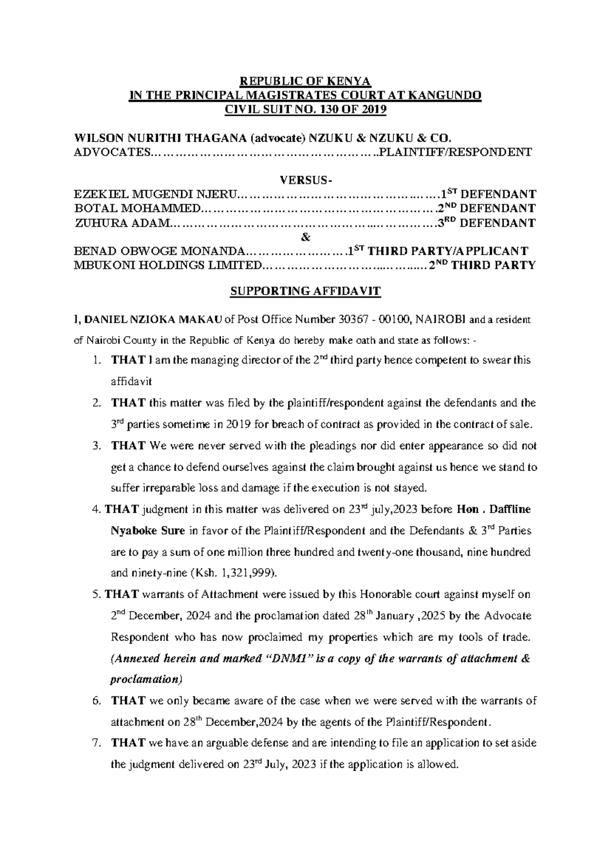Supporting Affidavit in Civil Suit No. 130/2019 - Mbukoni Holdings ...