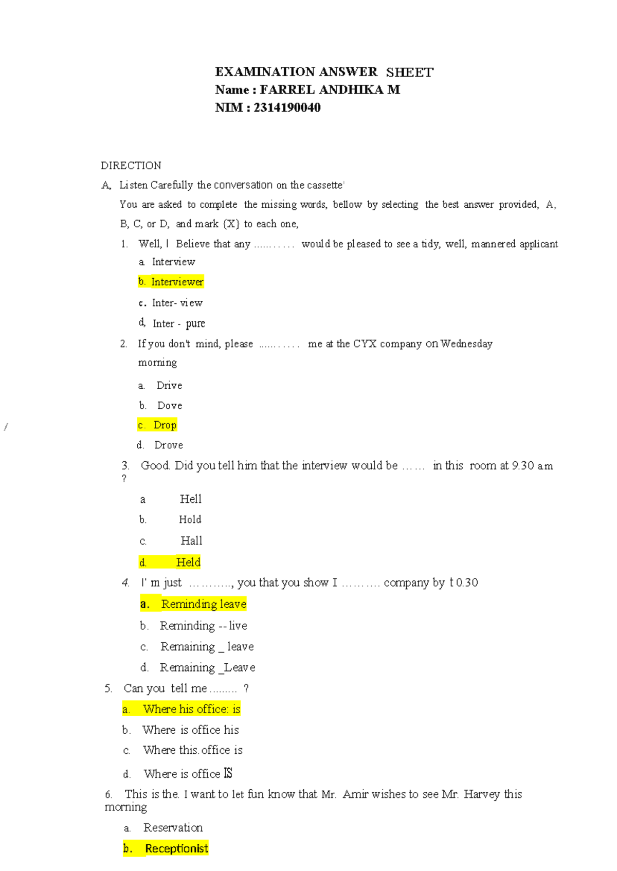 LAB 2023: Listening Comprehension Exam Answer Sheet - Studocu