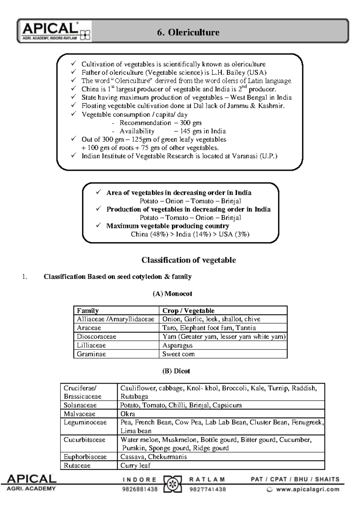 Horticulture Vegetable Classification Notes - HORT 101 - Studocu