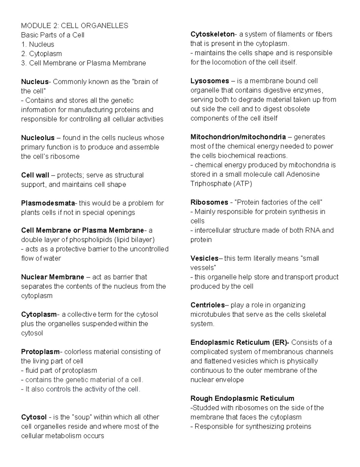 BIO 101: Comprehensive Review of Cell Organelles and Cell Cycle - Studocu