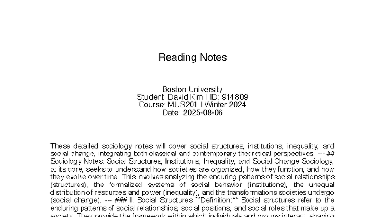 MUS201 Winter 2024: Sociology Notes on Social Structures & Change - Studocu