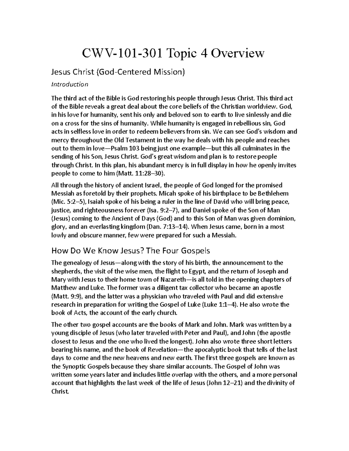 CWV 101 301 Topic 4 Overview: Jesus Christ and His Mission - Studocu