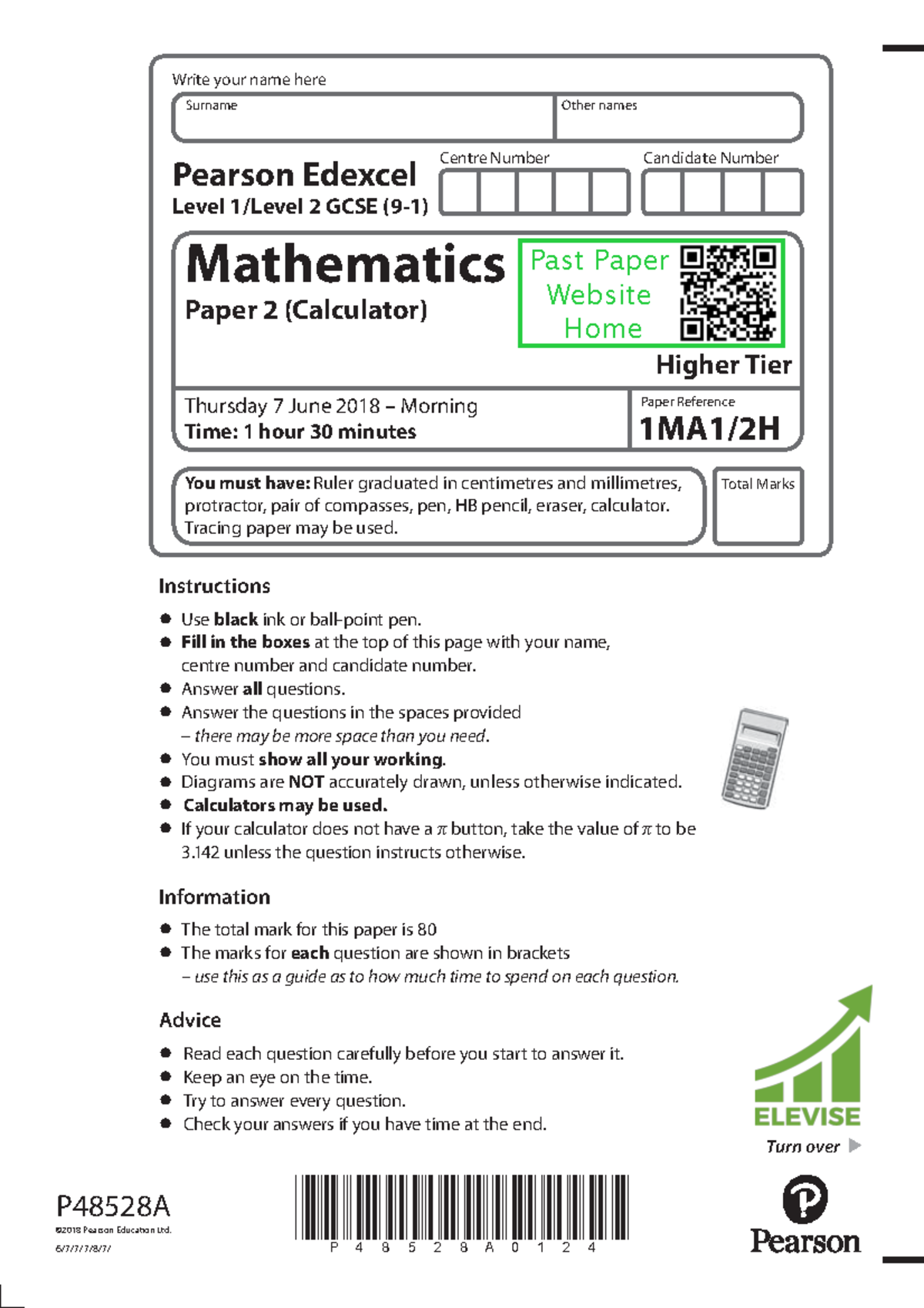Paper 2 - june 2018 - question paper -edexcel gcse maths higher - qr ...