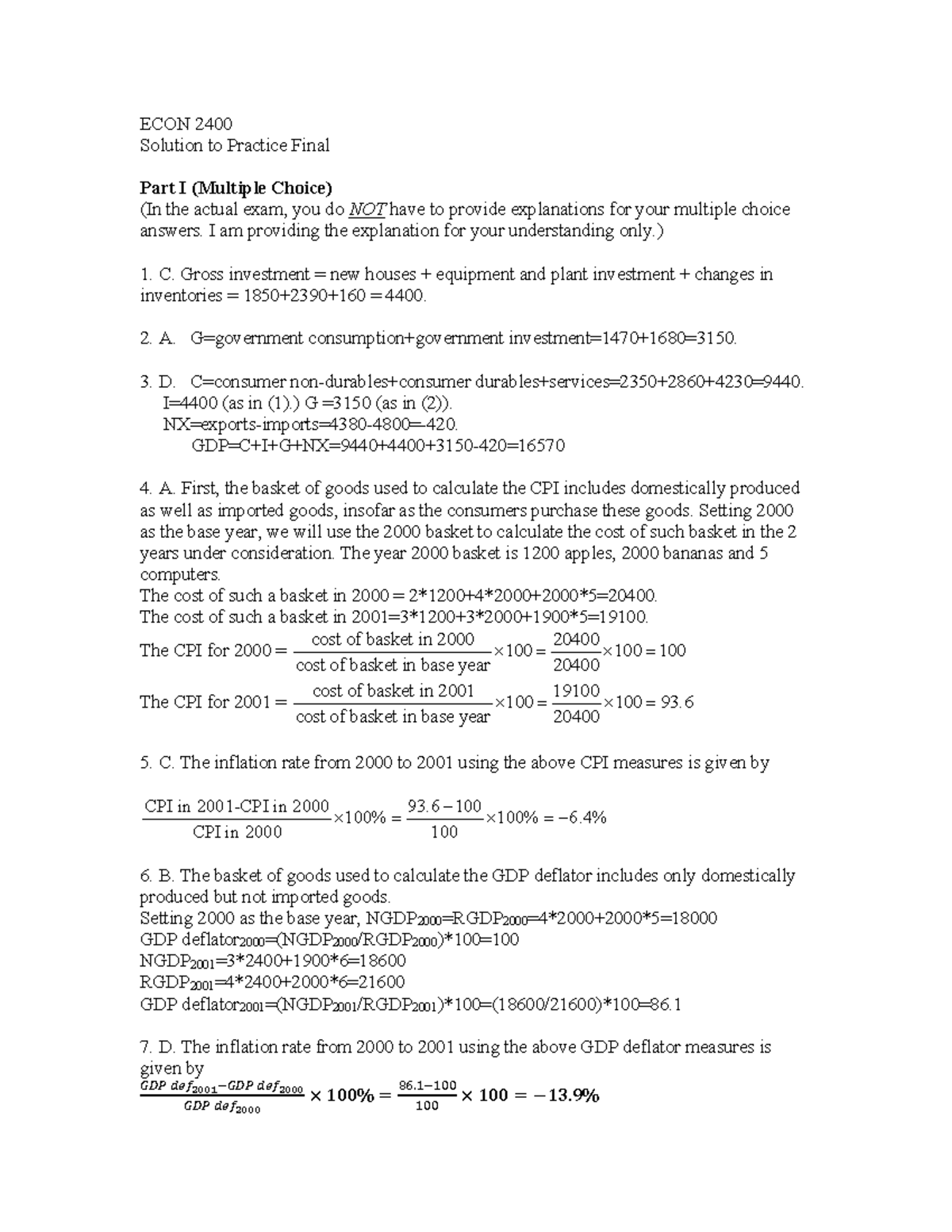 ECON 2400 Practice Final Exam Solutions Part I (Multiple Choice) - Studocu