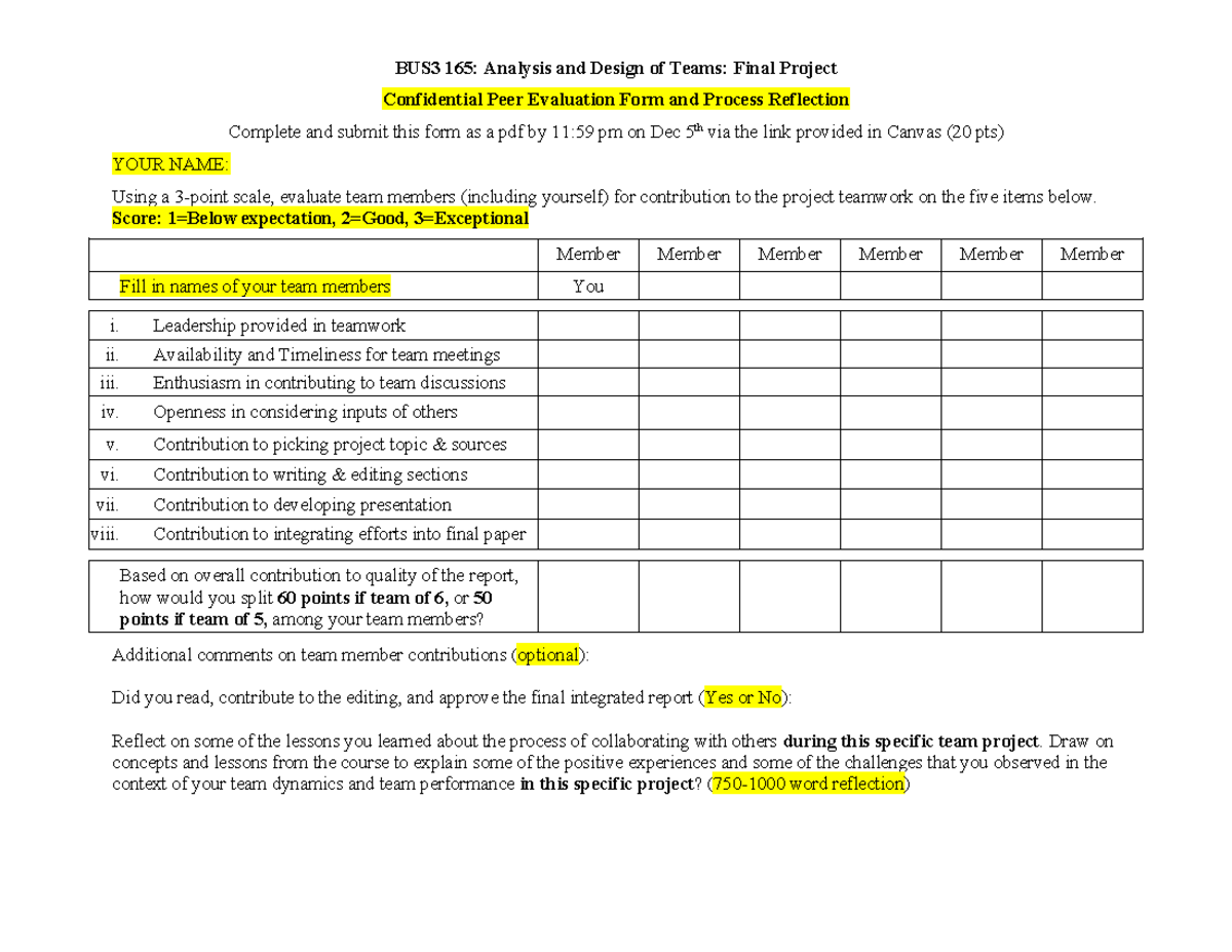 BUS3 165: Final Project Peer Evaluation & Reflection Form - Studocu
