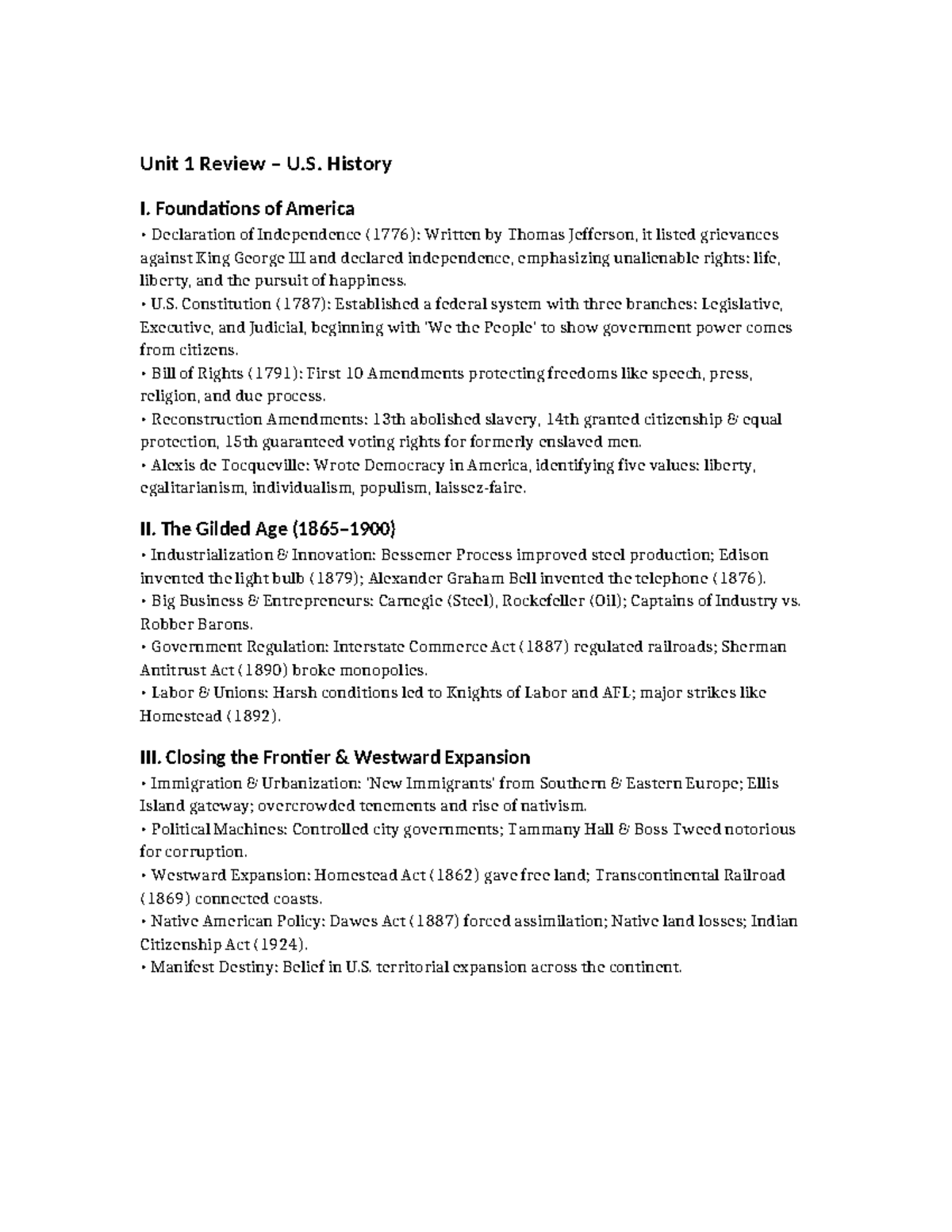 U.S. History I Unit 1 Review: Foundations, Gilded Age & Immigration ...
