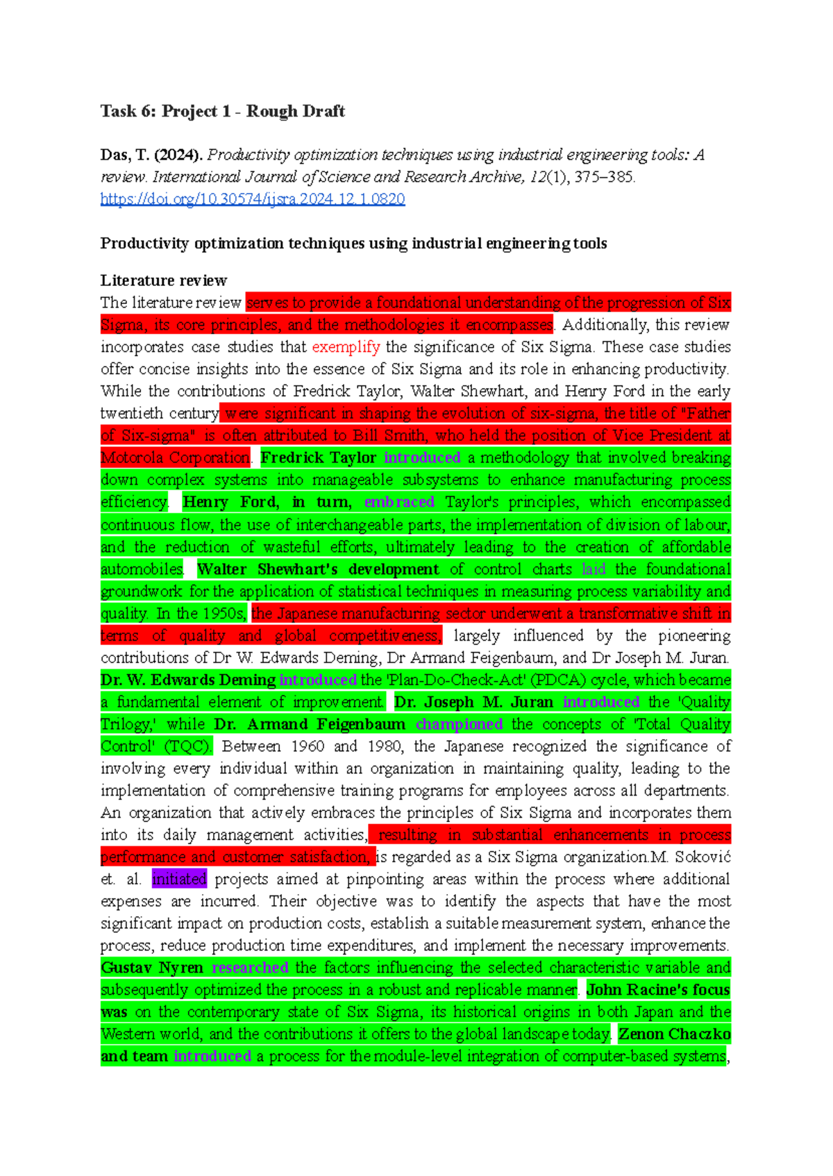 Task 6: Project 1 Rough Draft - Literature Review on Six Sigma - Studocu