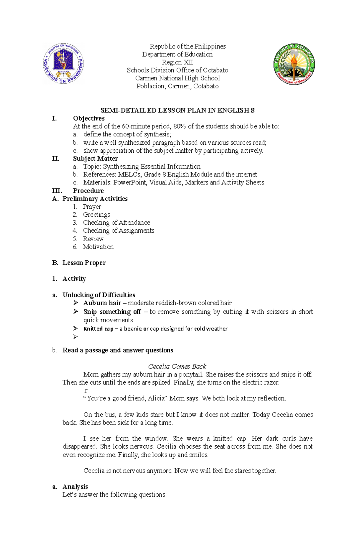 Semi-Detailed Lesson Plan: Synthesizing Information for English 8 - Studocu