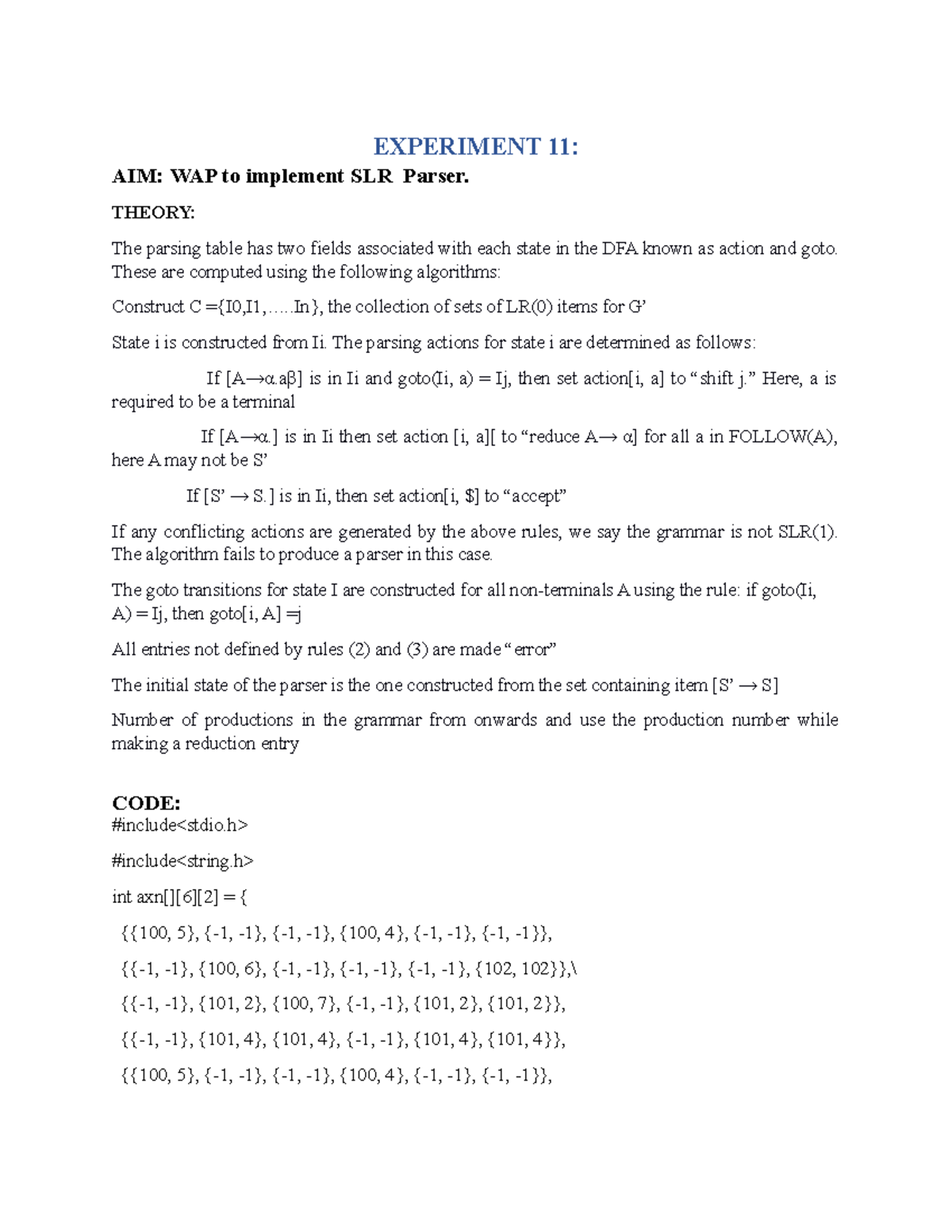 Lab 11 CC - compiler - EXPERIMENT 11: AIM: WAP to implement SLR Parser ...
