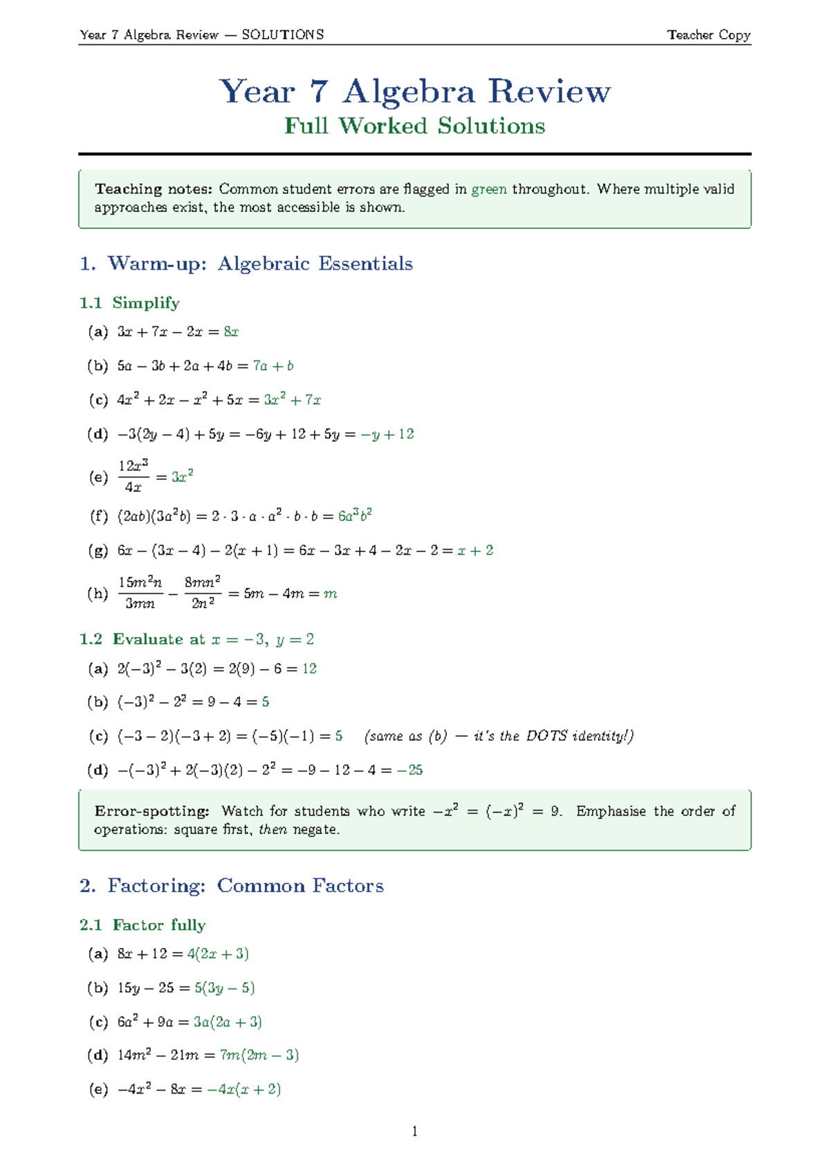 Year 7 Algebra Review Solutions: Teacher's Guide to Common Errors - Studocu