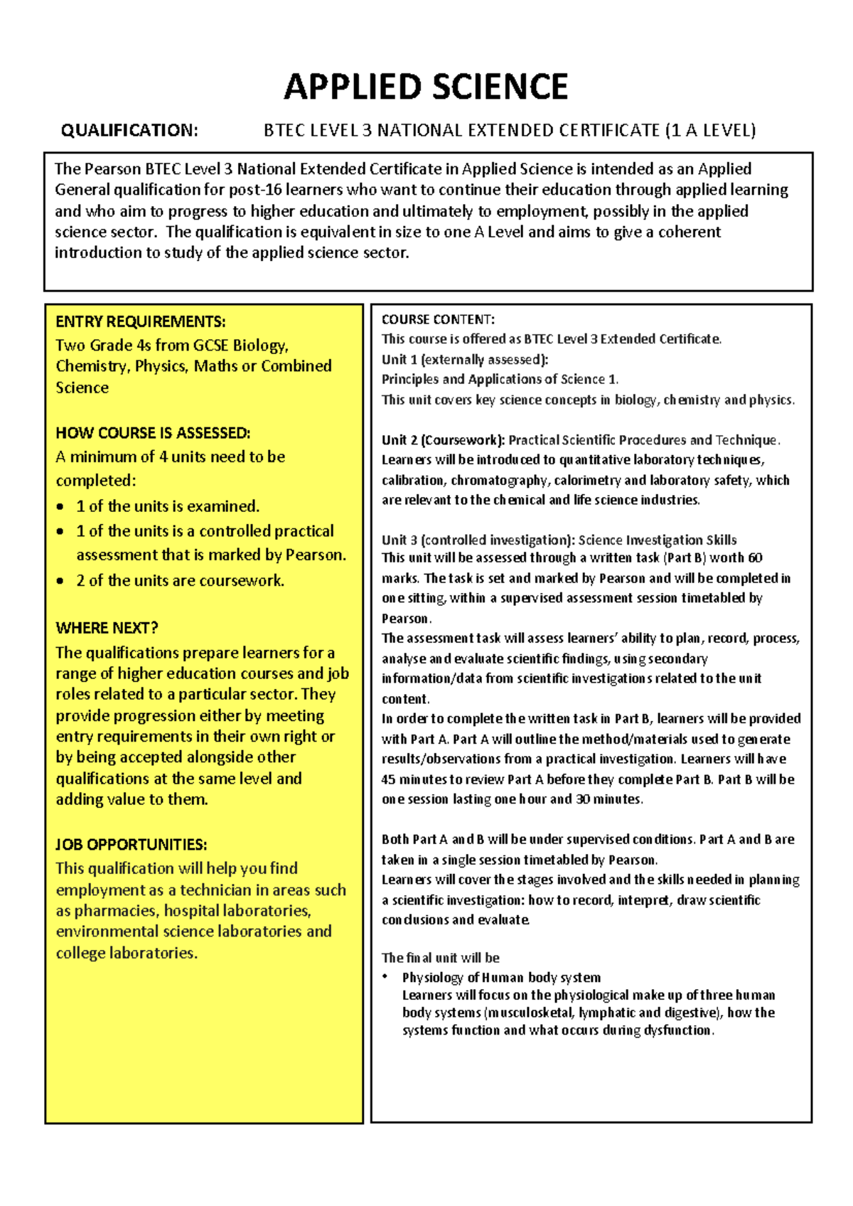 BTEC Level 3 Applied Science Course Overview & Assessment Guide - Studocu