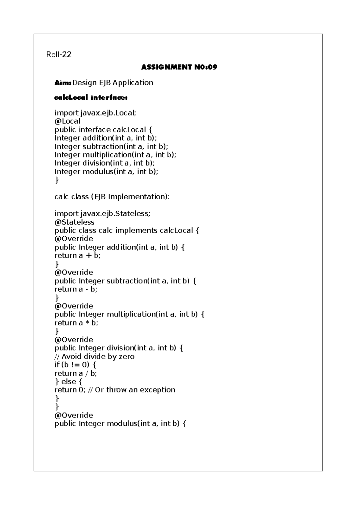 ASSIGNMENT N0:09 - EJB Application Design and Implementation - Studocu