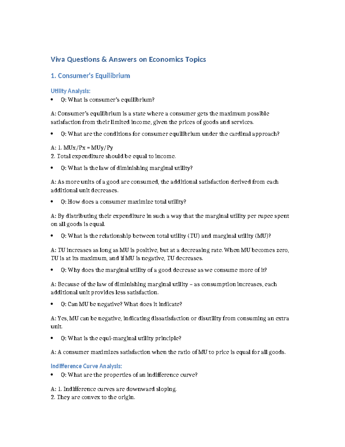 Economics Viva Questions & Answers: Equilibrium & Supply Analysis - Studocu