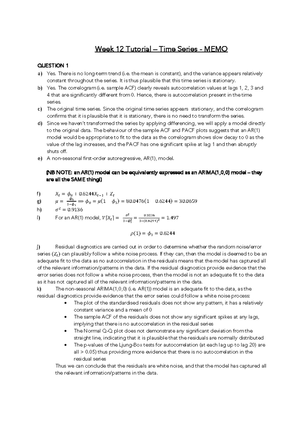 Week 12 Tutorial - Time Series Analysis MEMO - Studocu