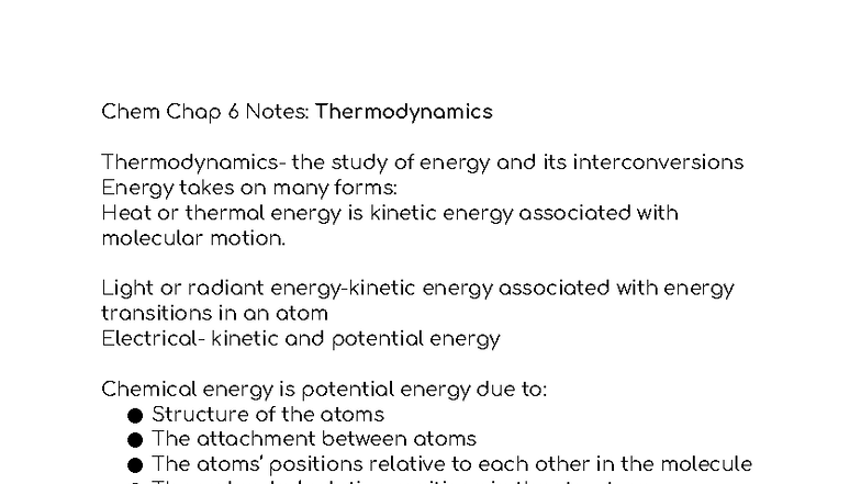 Chem 101: Chapter 6 Notes on Thermodynamics and Energy - Studocu