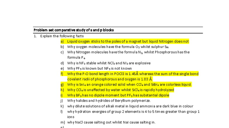 BCH3103 Problem Set: Comparative Study of S and P Blocks - Studocu