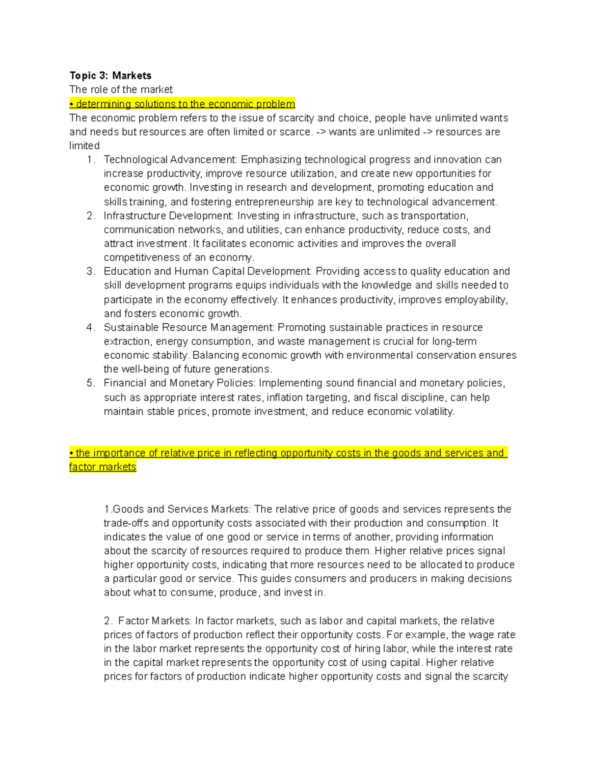 Economics notes- topic 3 - Topic 3: Markets The role of the market ...