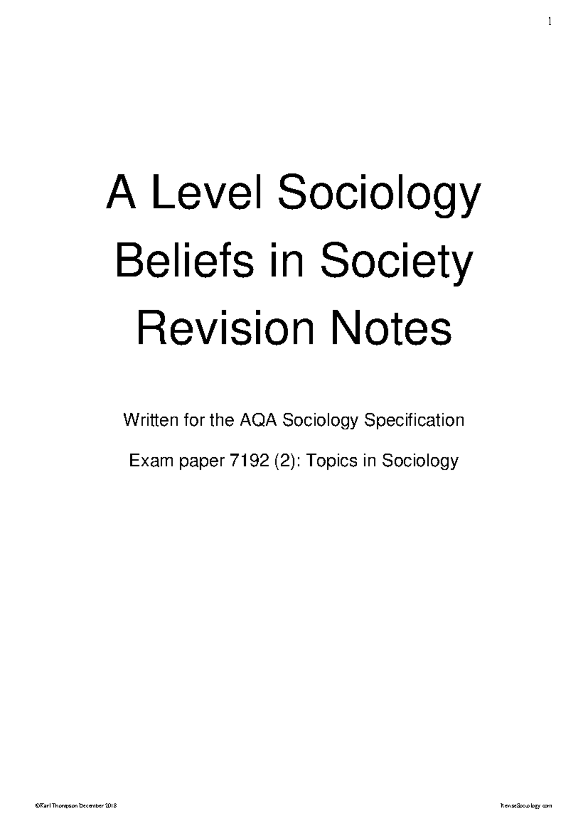 A Level Sociology 7192: Beliefs in Society Revision Notes - Studocu