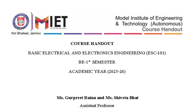 Course Handout ESC 101: Basic Electrical & Electronics Engg. - Studocu