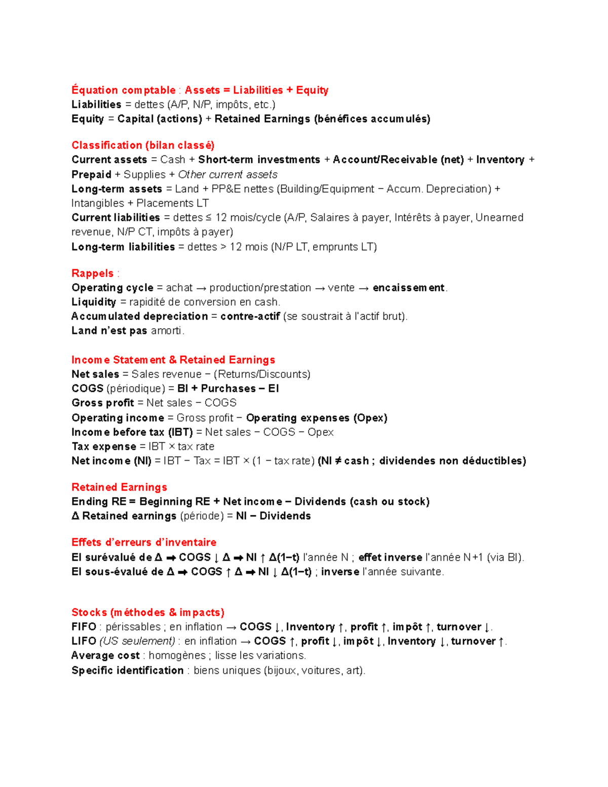 Fiche de Révision: Liabilities, Earnings, and Financial Statements ...