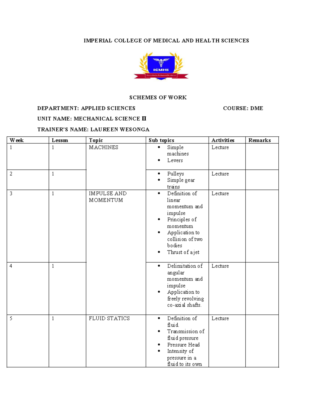 DME Mechanical Science II - Class Notes and Schemes of Work - Studocu