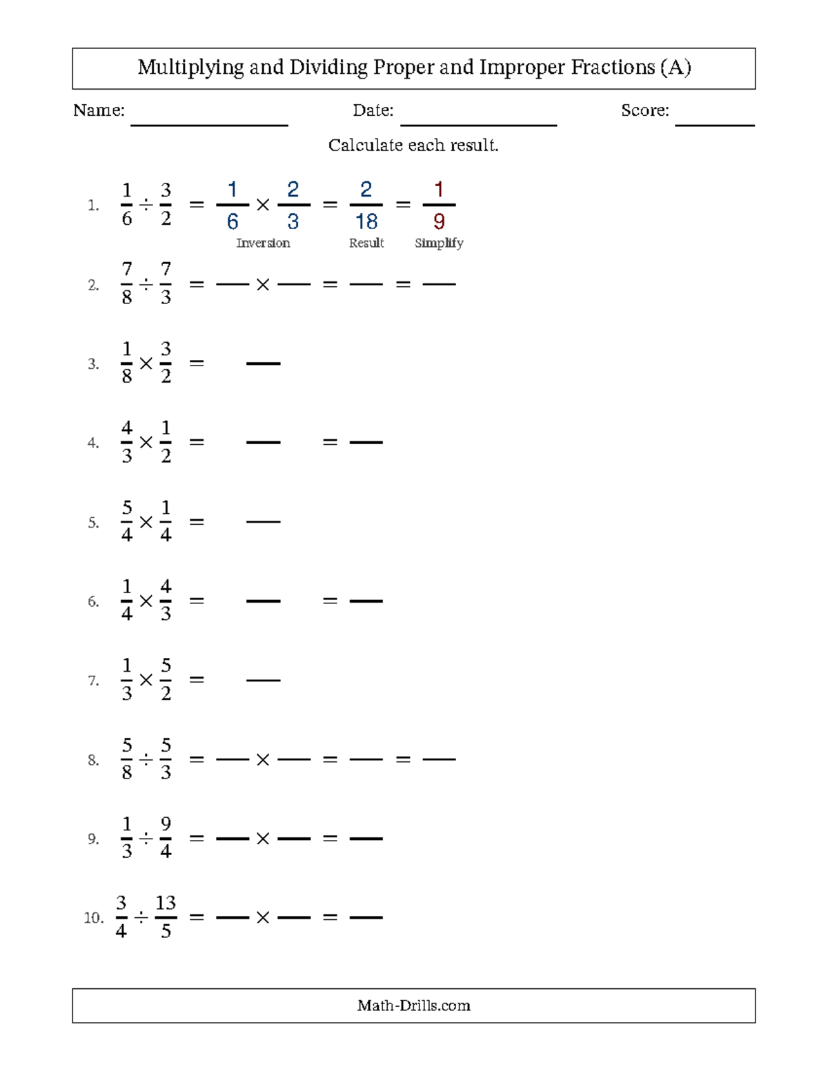 Fractions Worksheet - Multiplying and Dividing Proper and Improper ...