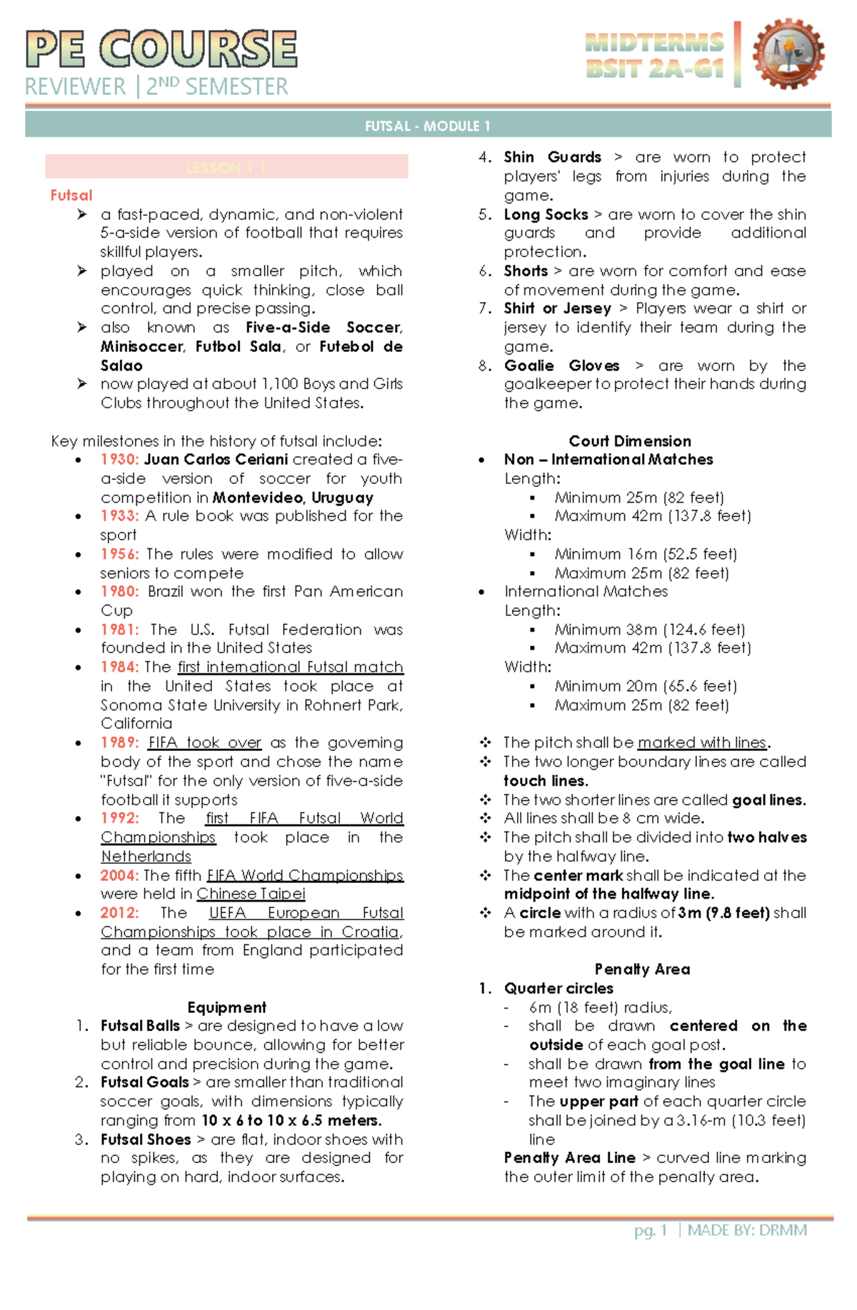 PE Module 1 - Reviewer Futsal - pg. 1 │MADE BY: DRMM REVIEWER │ 2 ND SEMESTER MIDTERMS BSIT 2A-G ...