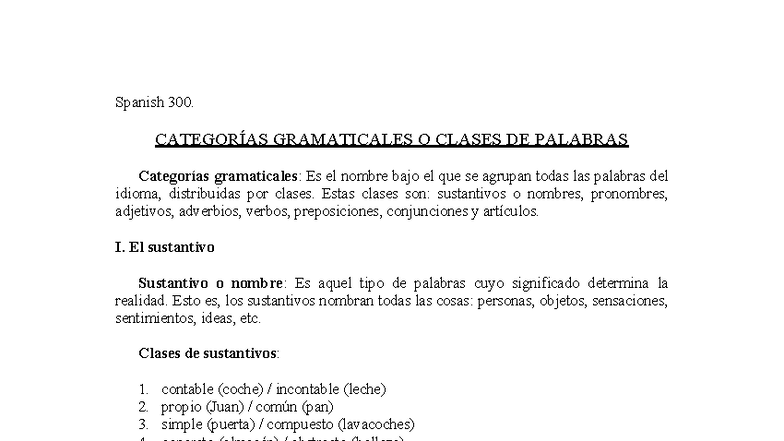 Categoriasgramaticales - Spanish 300. CATEGORÍAS GRAMATICALES O CLASES ...