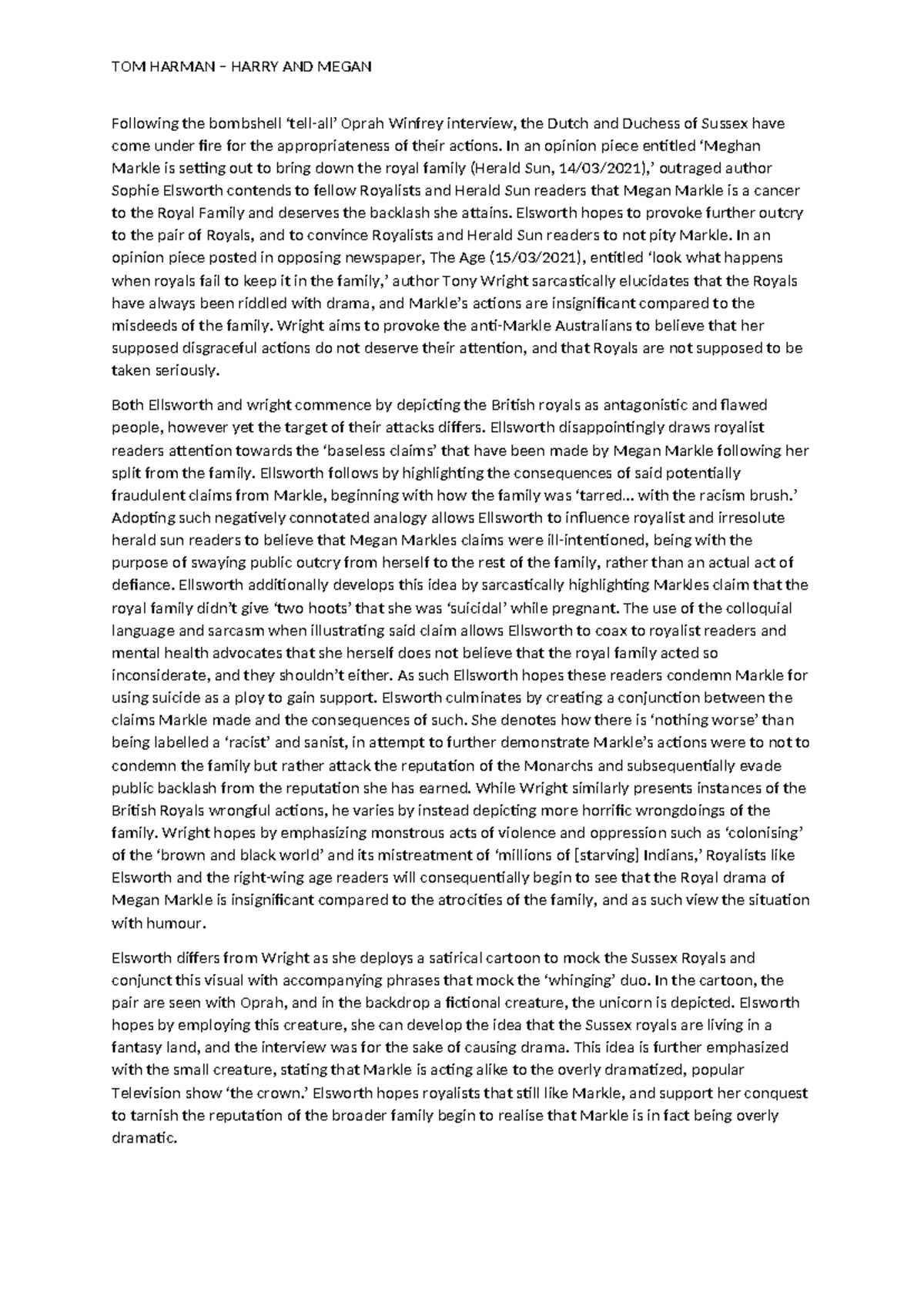 TOM HARMAN HARRY AND MEGAN: Analyzing Opinion Pieces on Royal ...
