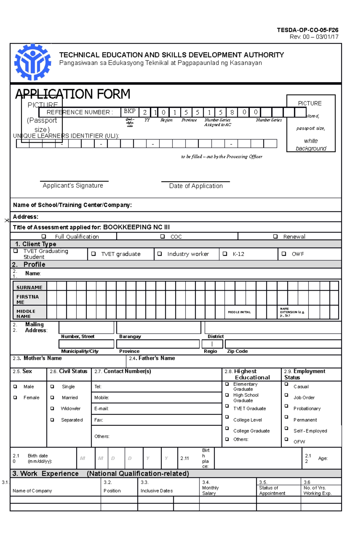 Bookkeeping NC III Application Form for TESDA Assessment - Studocu