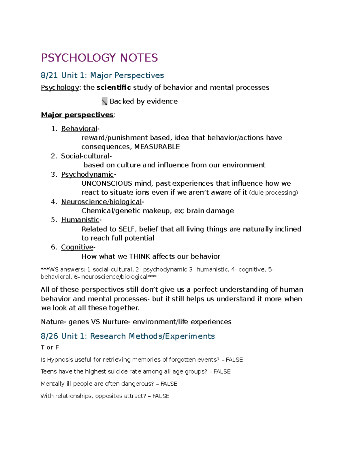 PSY 110: Unit 1 Psychology Notes - Major Perspectives & Concepts - Studocu