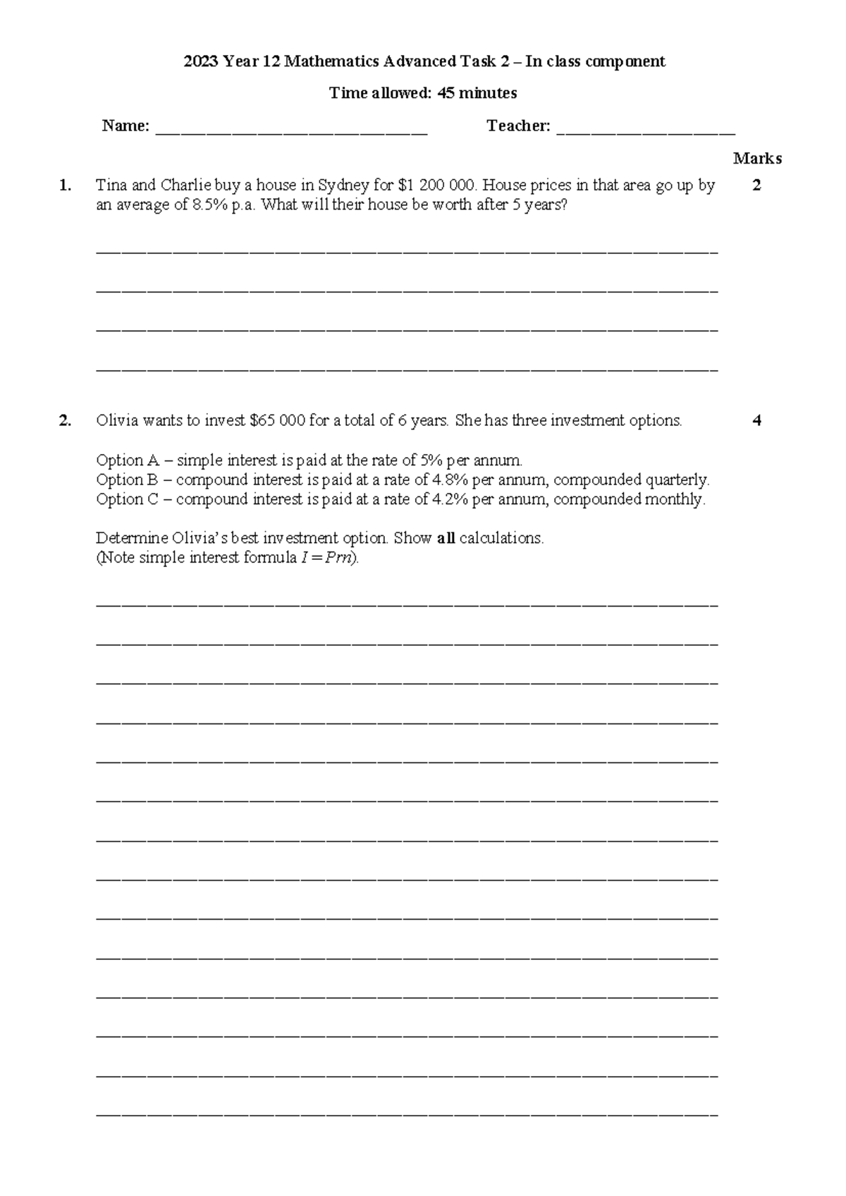 2023 Year 12 Maths Adv Task 2 In-Class Assessment Notes - Studocu
