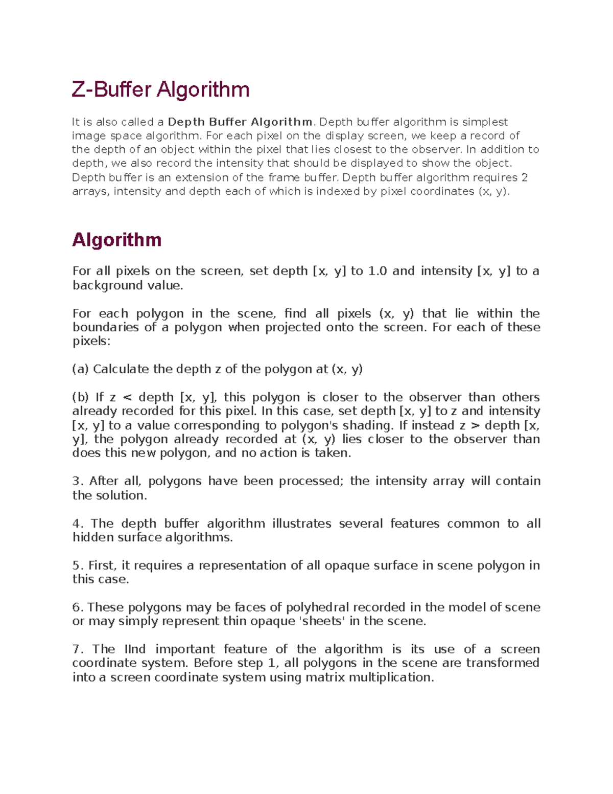 Z-Buffer Algorithm Overview - Computer Graphics Concepts - Studocu